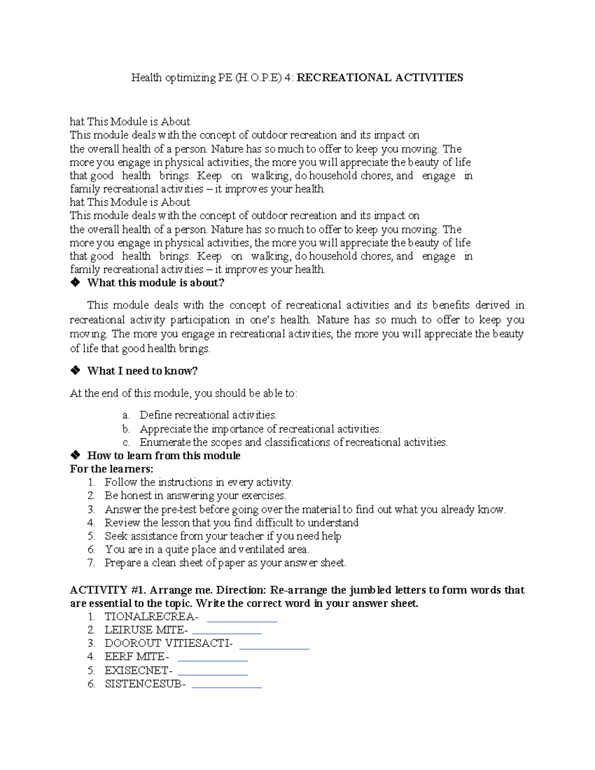 HOPE 4 Module 1: Understanding Recreational Activities for Health - Studocu