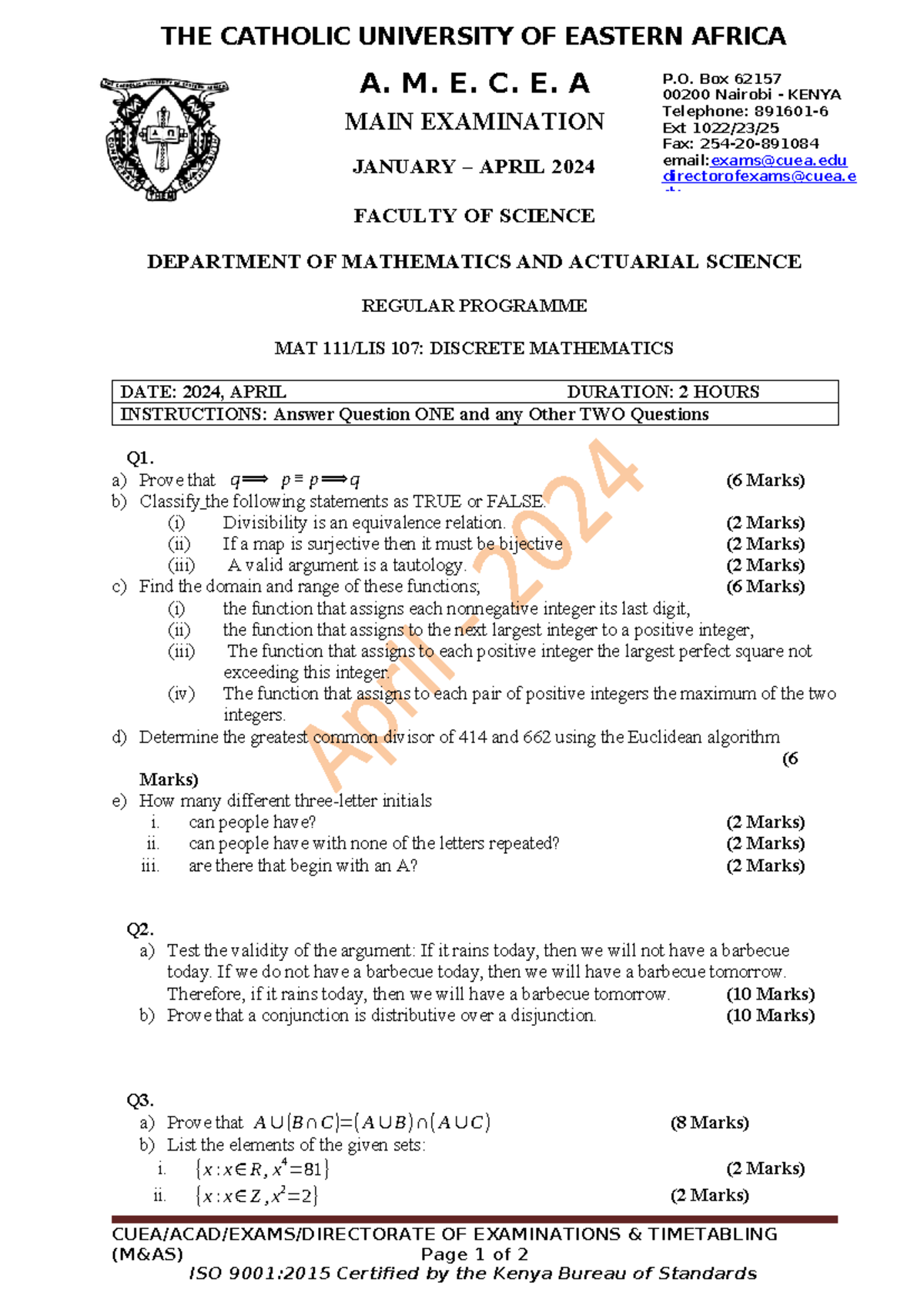 MAT 107: Discrete Mathematics Main Exam Past Paper - Jan-Apr 2024 - Studocu