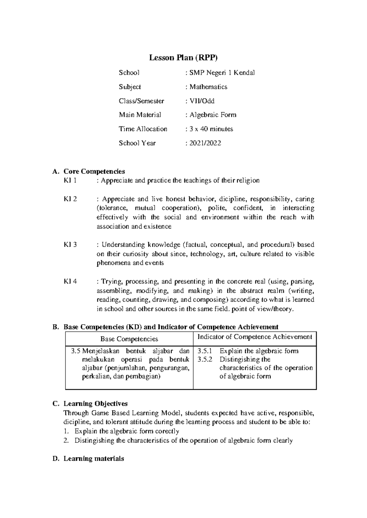 RPP GBL - Lesson Plan for Game-Based Learning in Mathematics VII - Studocu