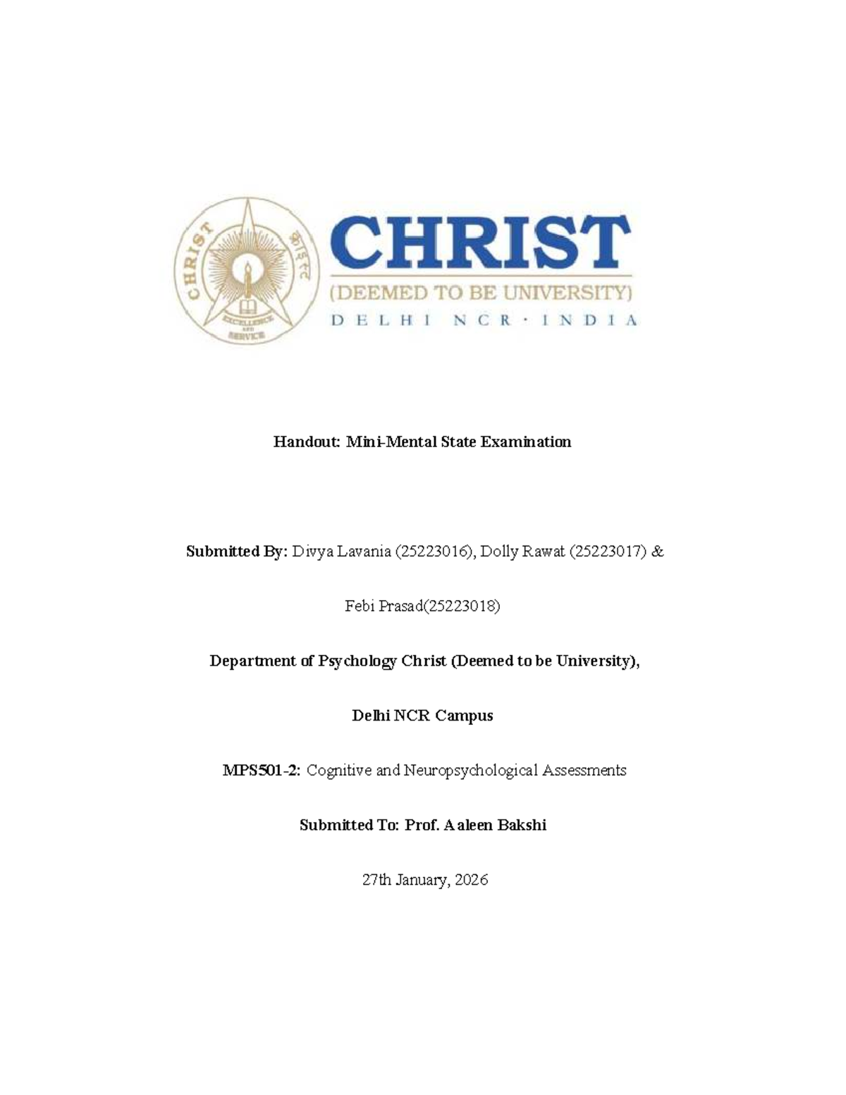 MMSE Handout: Cognitive and Neuropsychological Assessments - Studocu