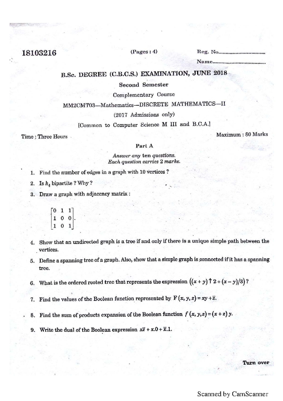 18103216 Discrete Mathematics B.Sc. Exam June 2018 - 2nd Sem Questions ...