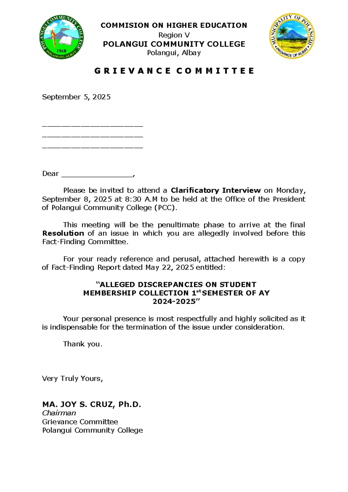 PCC Grievance Committee Clarificatory Interview Invitation - Studocu