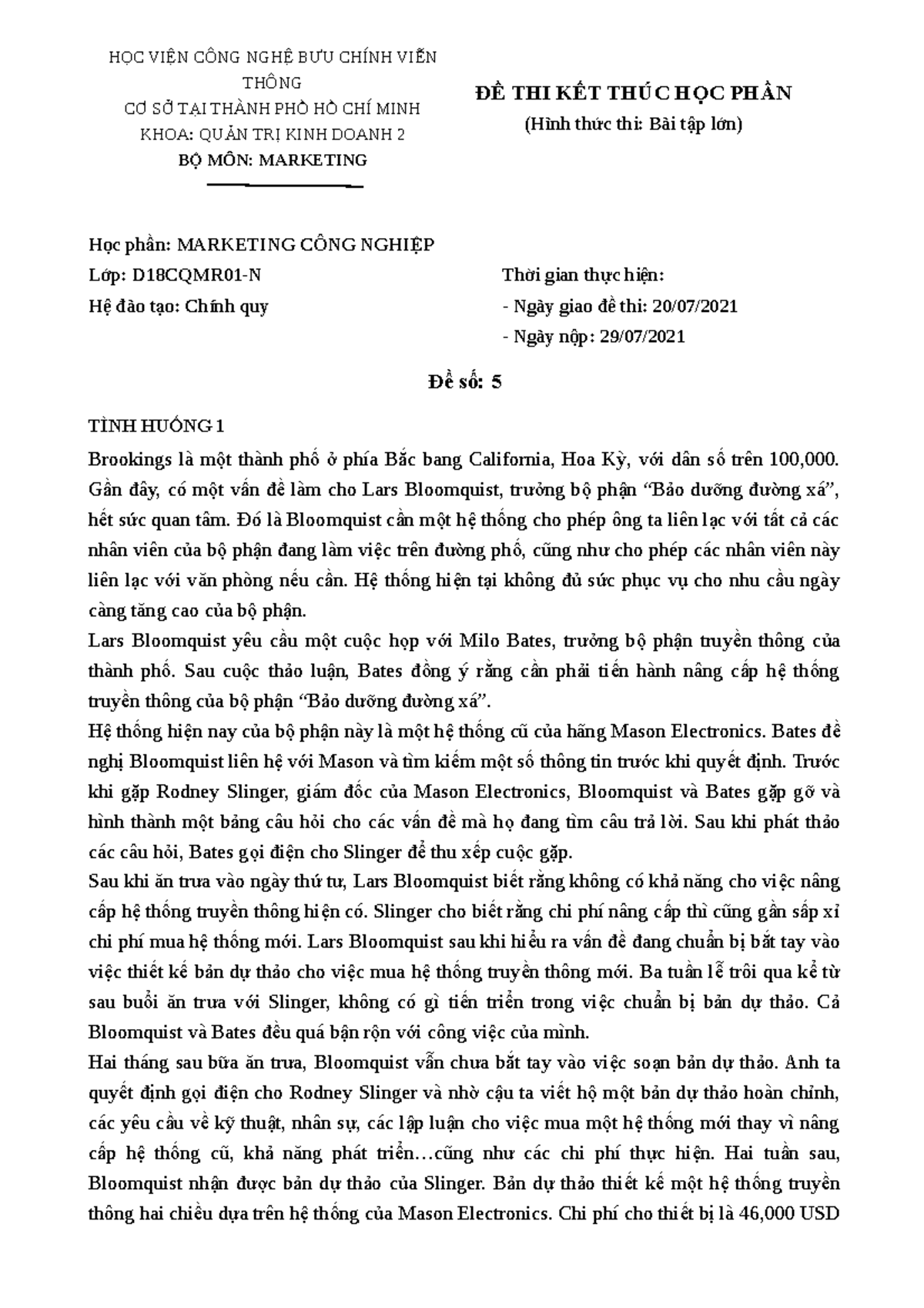 ĐỀ THI KẾT THÚC MÔN MRT CÔNG NGHIỆP BÀI TẬP TÌNH HUỐNG 19 07 2021 đề 5 ...