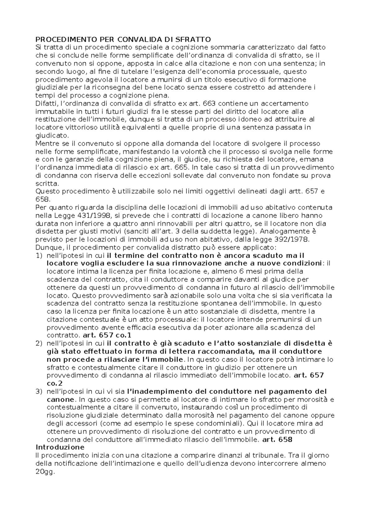 Riassunto del Procedimento di Convalida di Sfratto - Proto Pisani - Studocu