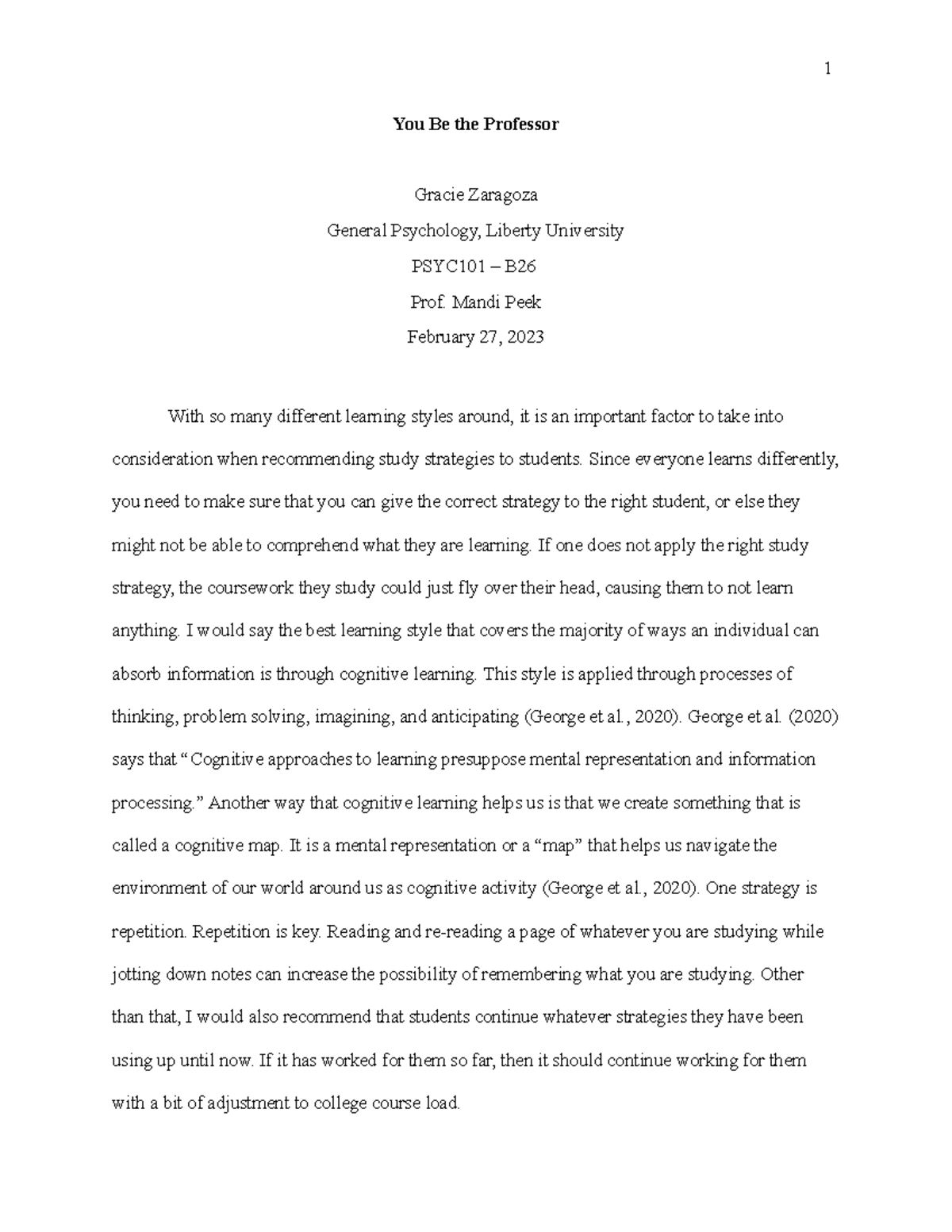 PSYC101 - You Be the Professor: Study Strategies for Success - Studocu