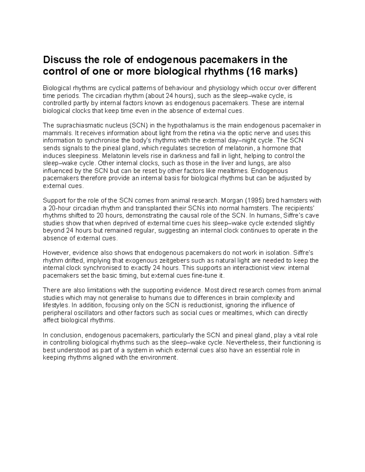 The Role of Endogenous Pacemakers in Biological Rhythms (16 Marks ...