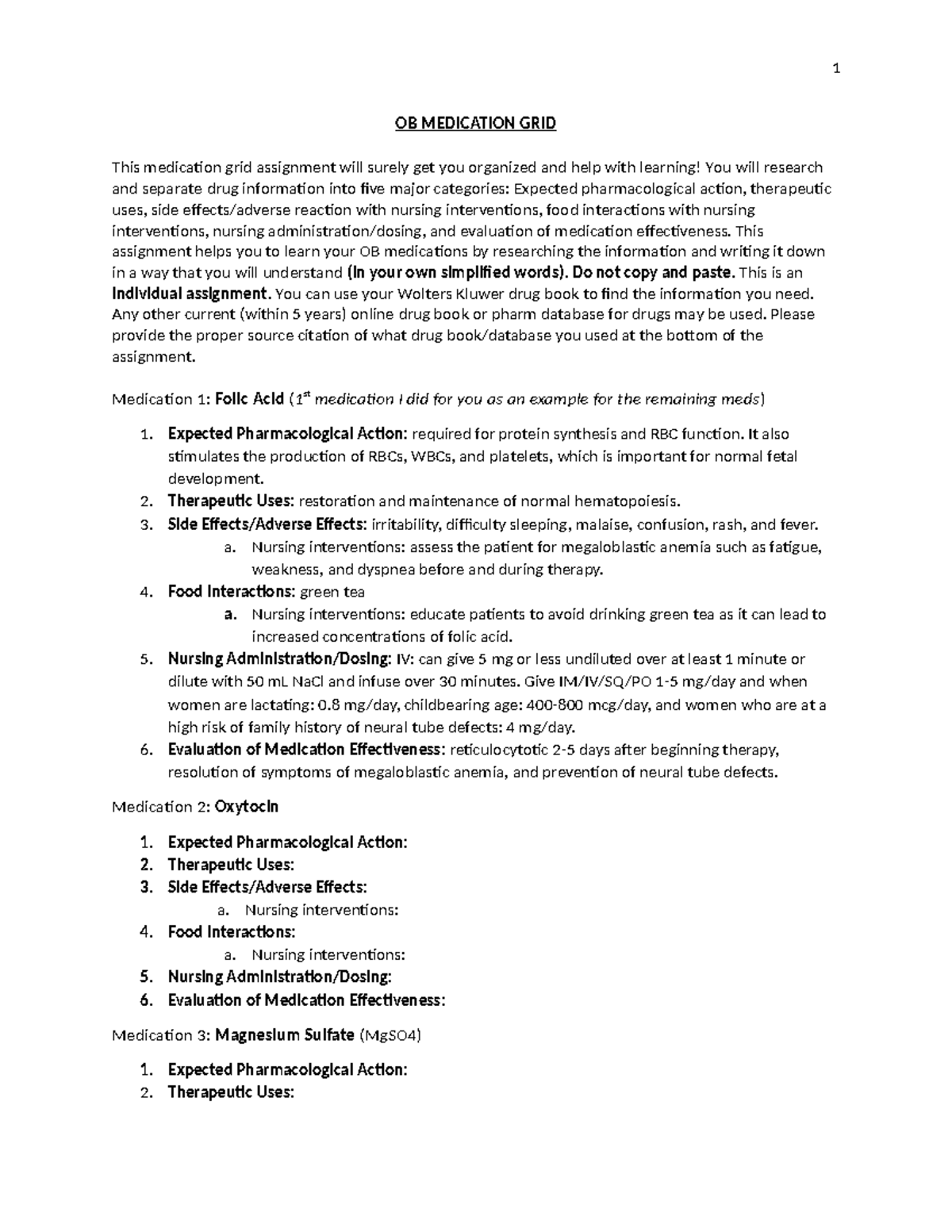 OB Medication GRID - Med grid - OB MEDICATION GRID This medication grid ...
