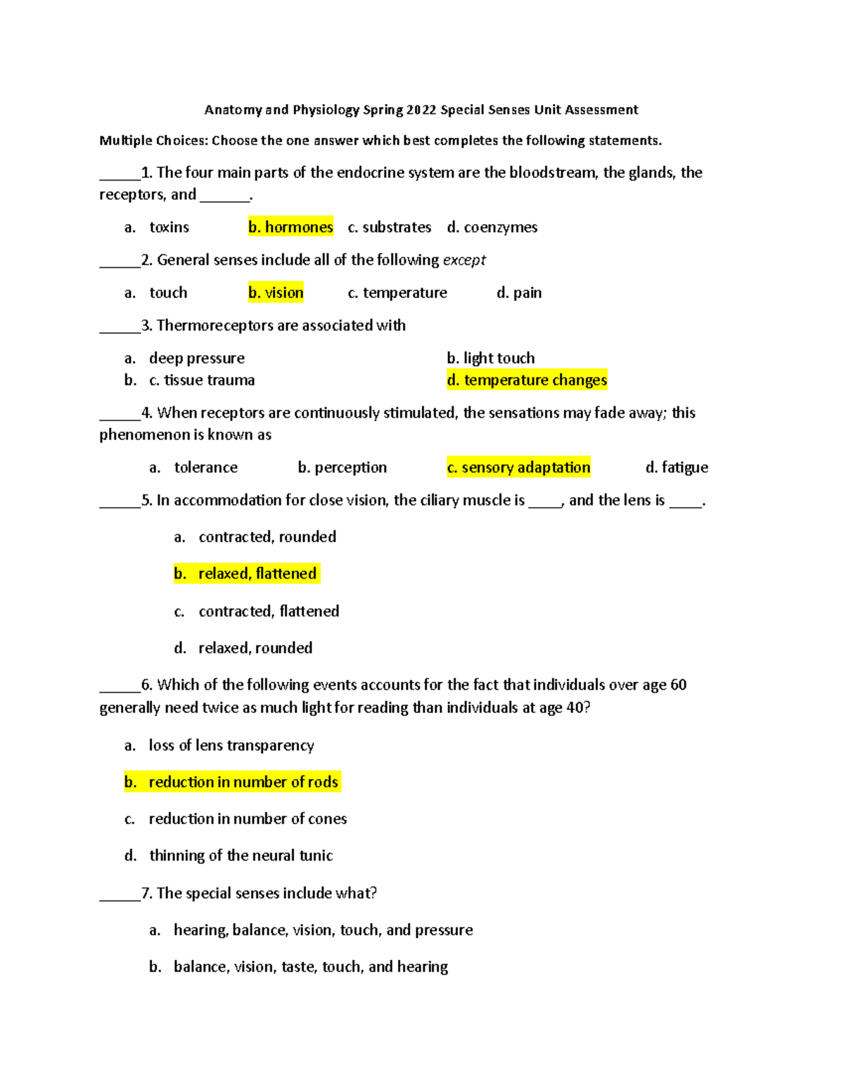 Anatomy & Physiology SP22 Special Senses Unit Assessment - Studocu