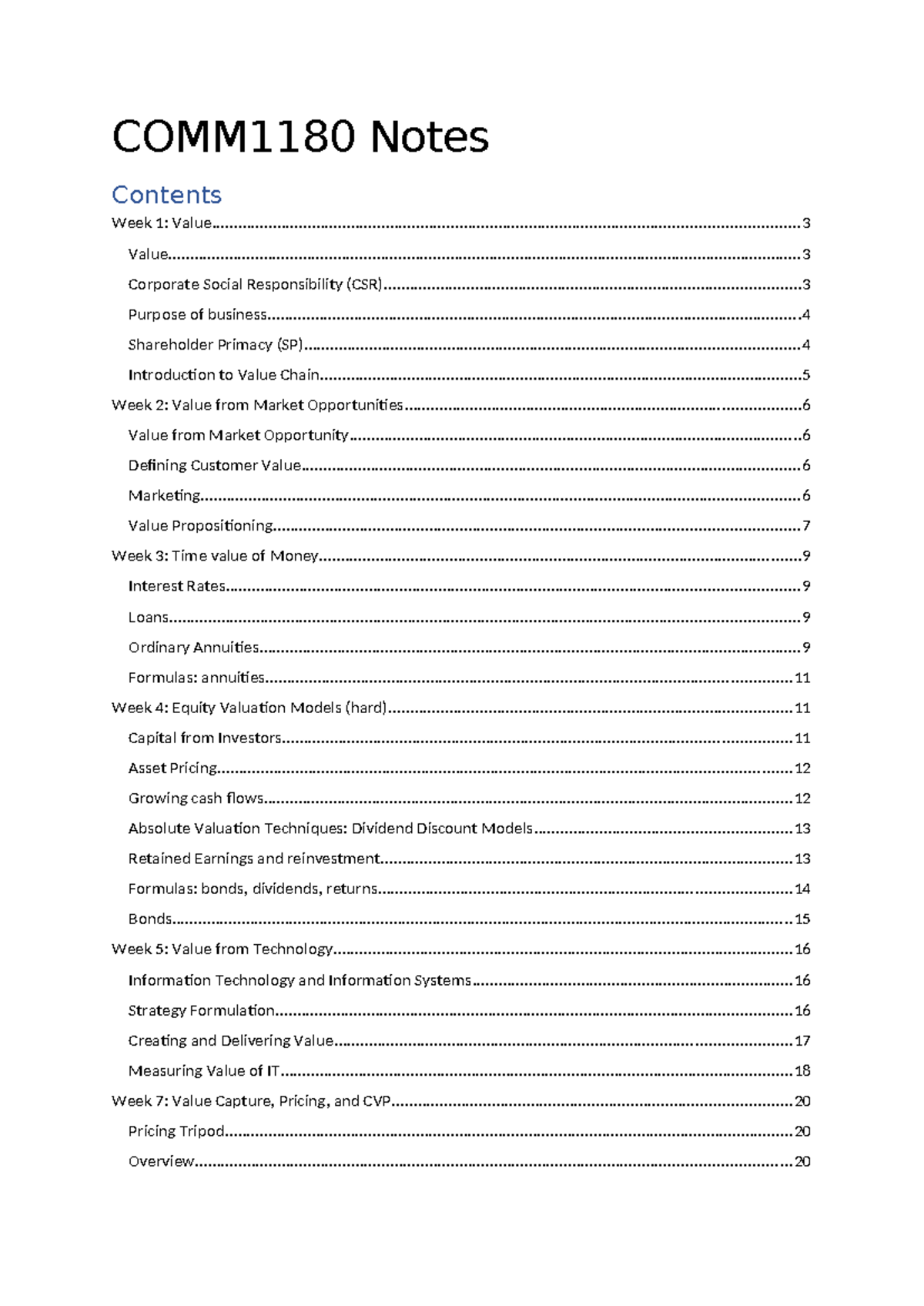 COMM1180 Lecture Notes: Value Creation and Measurement Overview - Studocu
