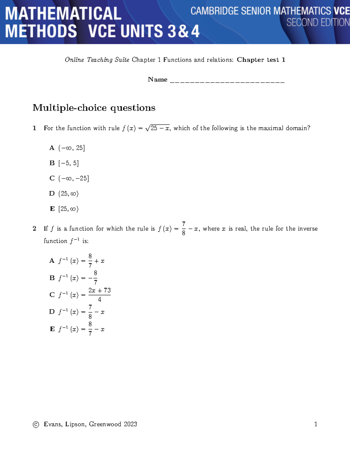 Chapter 1 Test 1 - Functions and Relations in Online Teaching Suite ...