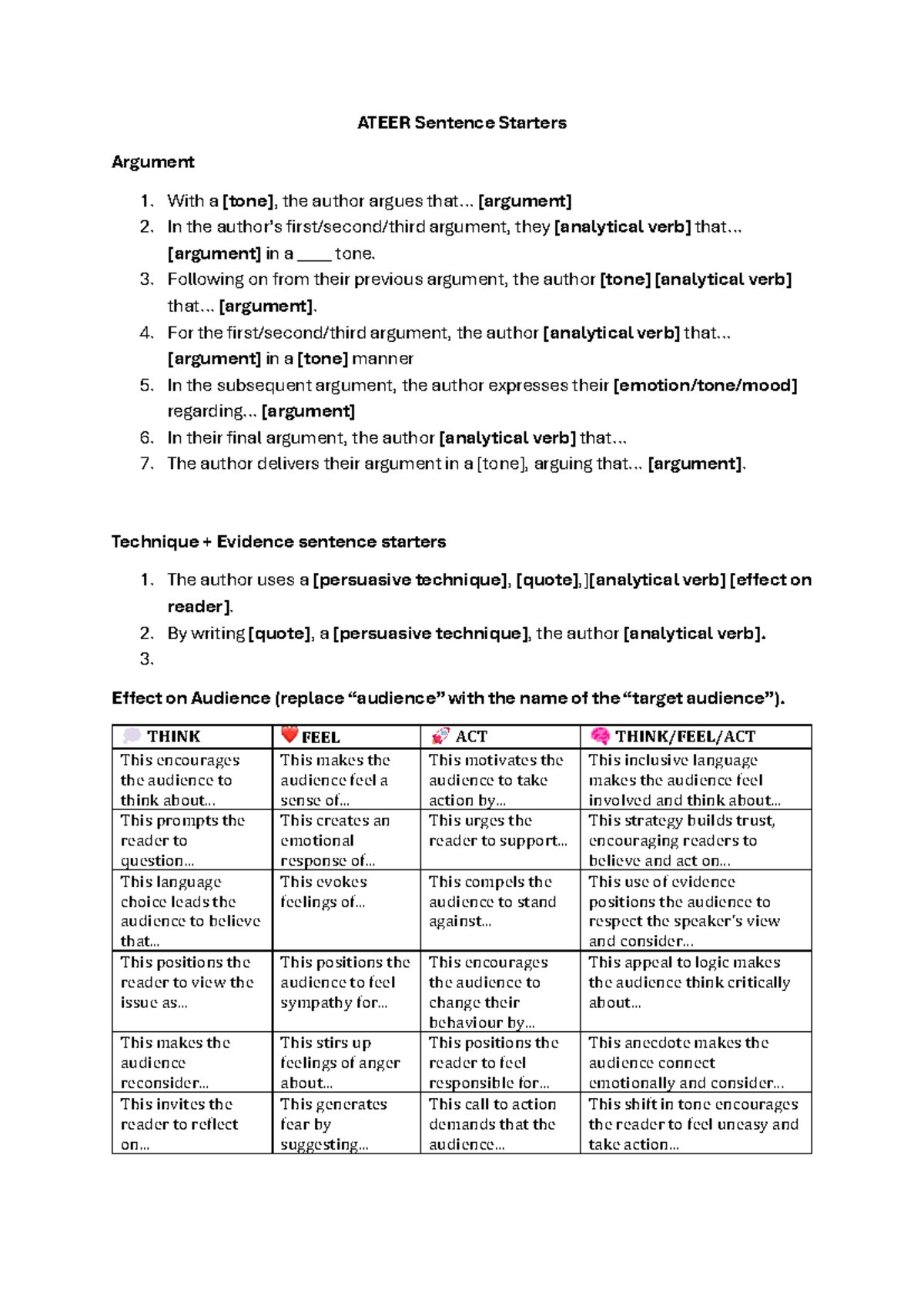 ATEER Sentence Starters for Argument Techniques and Evidence - Studocu
