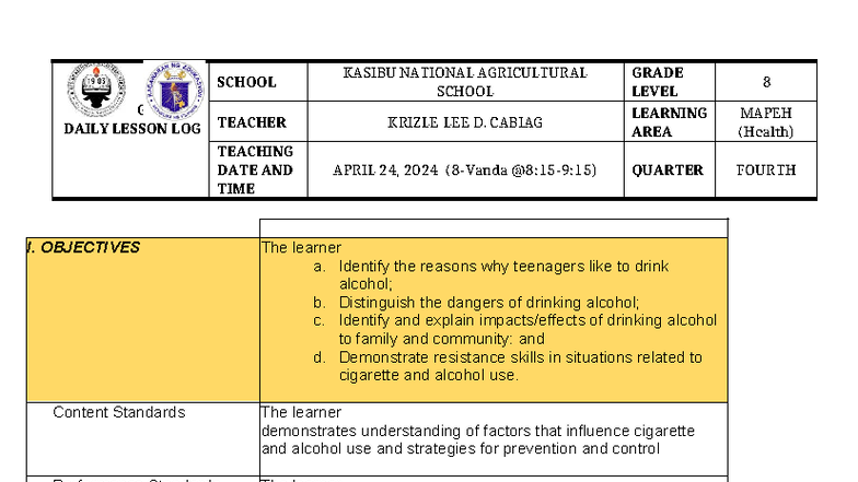 KASIBU NATIONAL AGRICULTURAL SCHOOL GRADE 8 MAPEH DAILY LESSON LOG ...