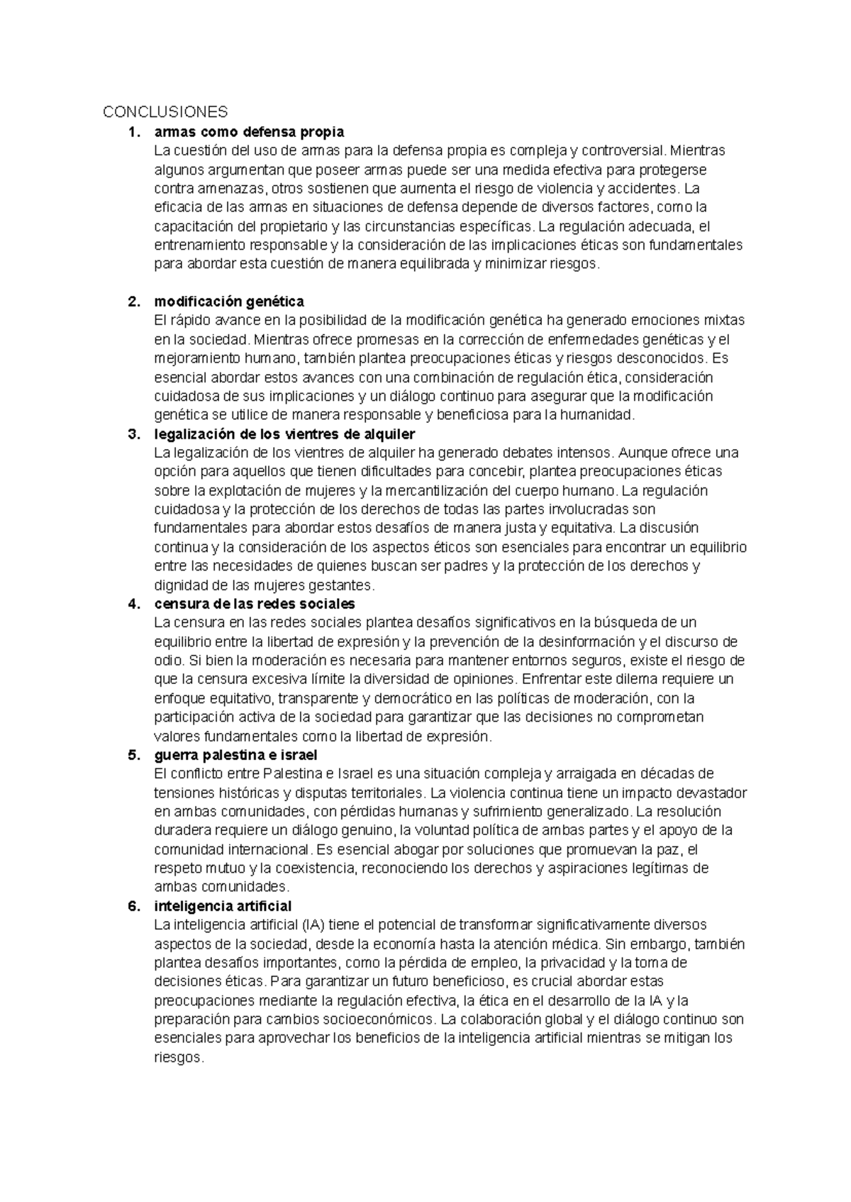 Conclusiones sobre Temas Controversiales y Éticos - Studocu