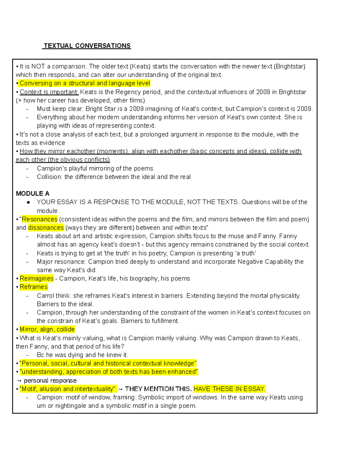Mod A: Conversations Between Keats and Campion in Bright Star Essay ...