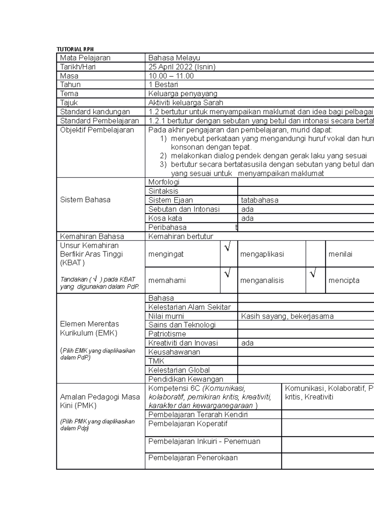 RPH Tutorial: Aktiviti Keluarga dalam Bahasa Melayu Tahun 1 - Studocu