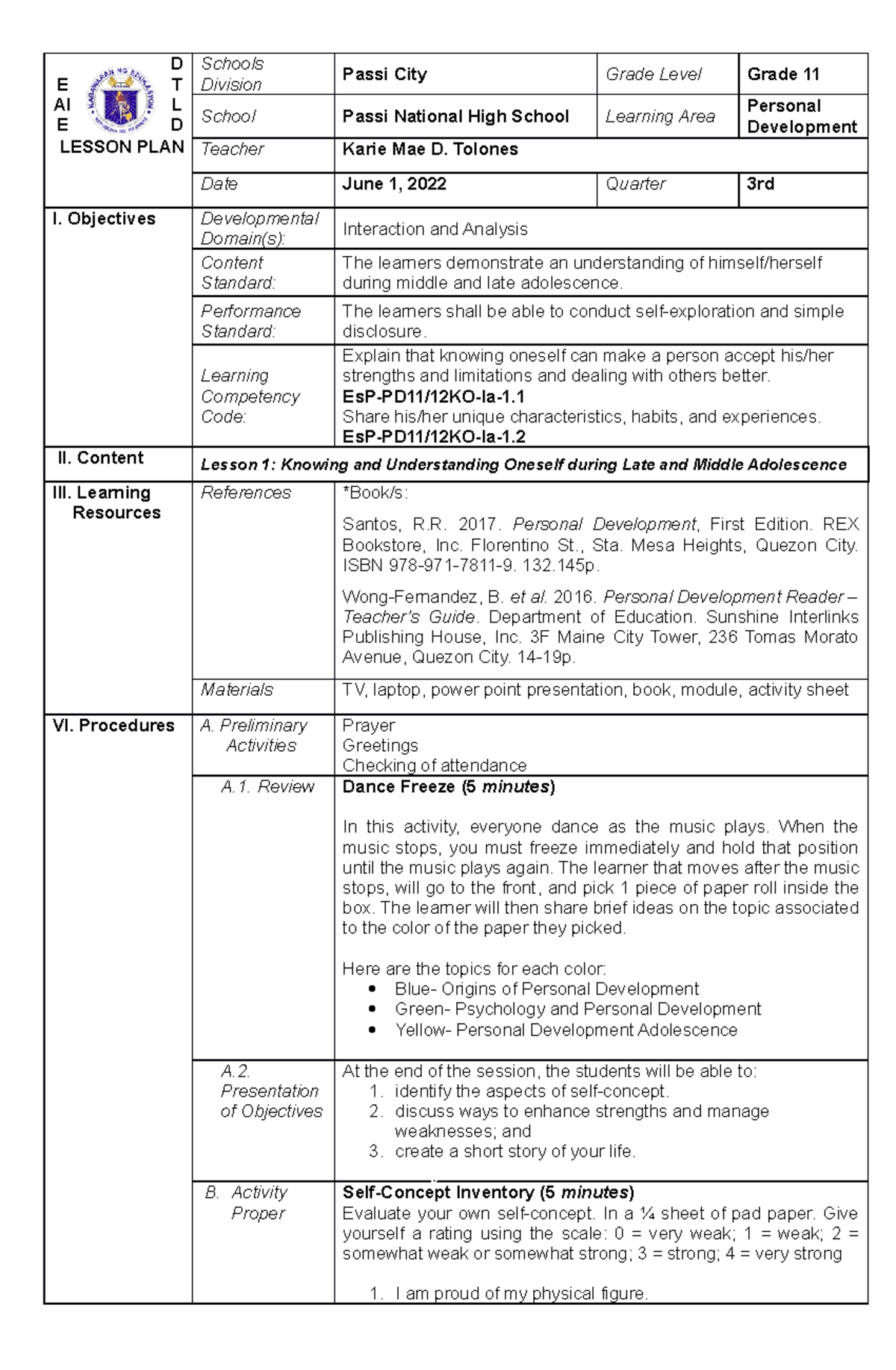 Per Dev Q3 W1 Lesson Plan: Knowing and Understanding Oneself - Studocu