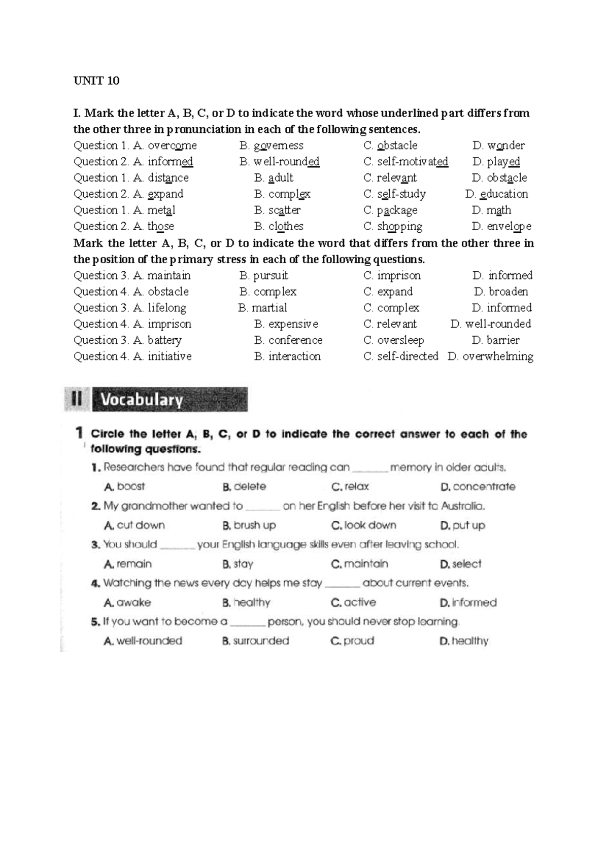 UNIT 10 G12 - English Pronunciation Practice Questions - Studocu