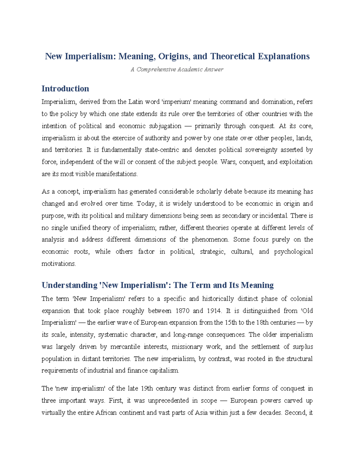 New Imperialism: Meaning, Origins, and Theoretical Explanations - Studocu