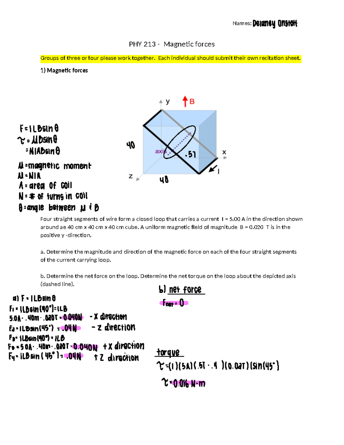 Worksheet: Magnetic Forces - PHY 213 Analysis and Calculations - Studocu