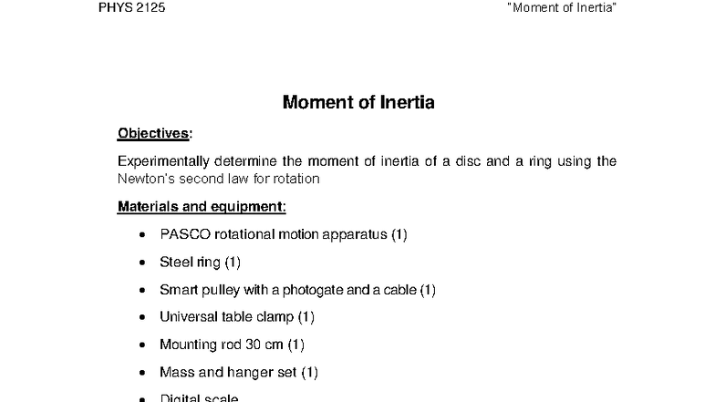 PHYS 2125 Lab Report: Moment of Inertia Experiment - Studocu