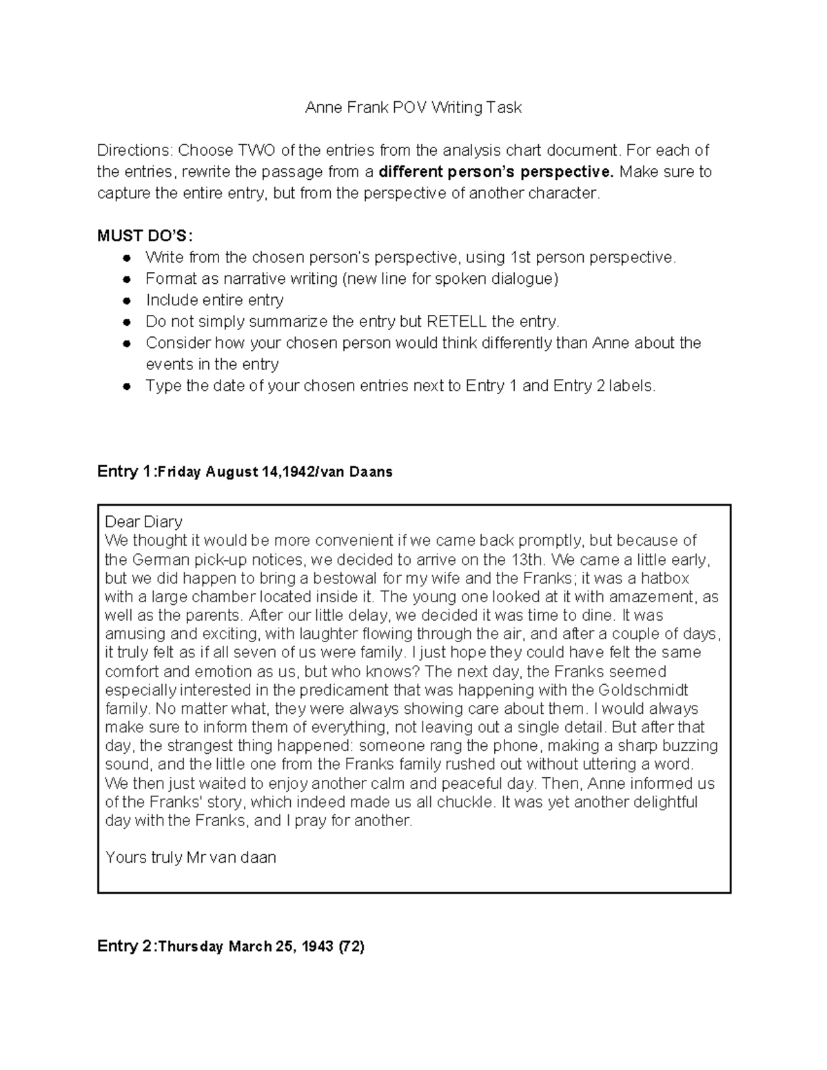 Anne Frank POV Writing Task - Van Daan Perspective Rewrite - Studocu