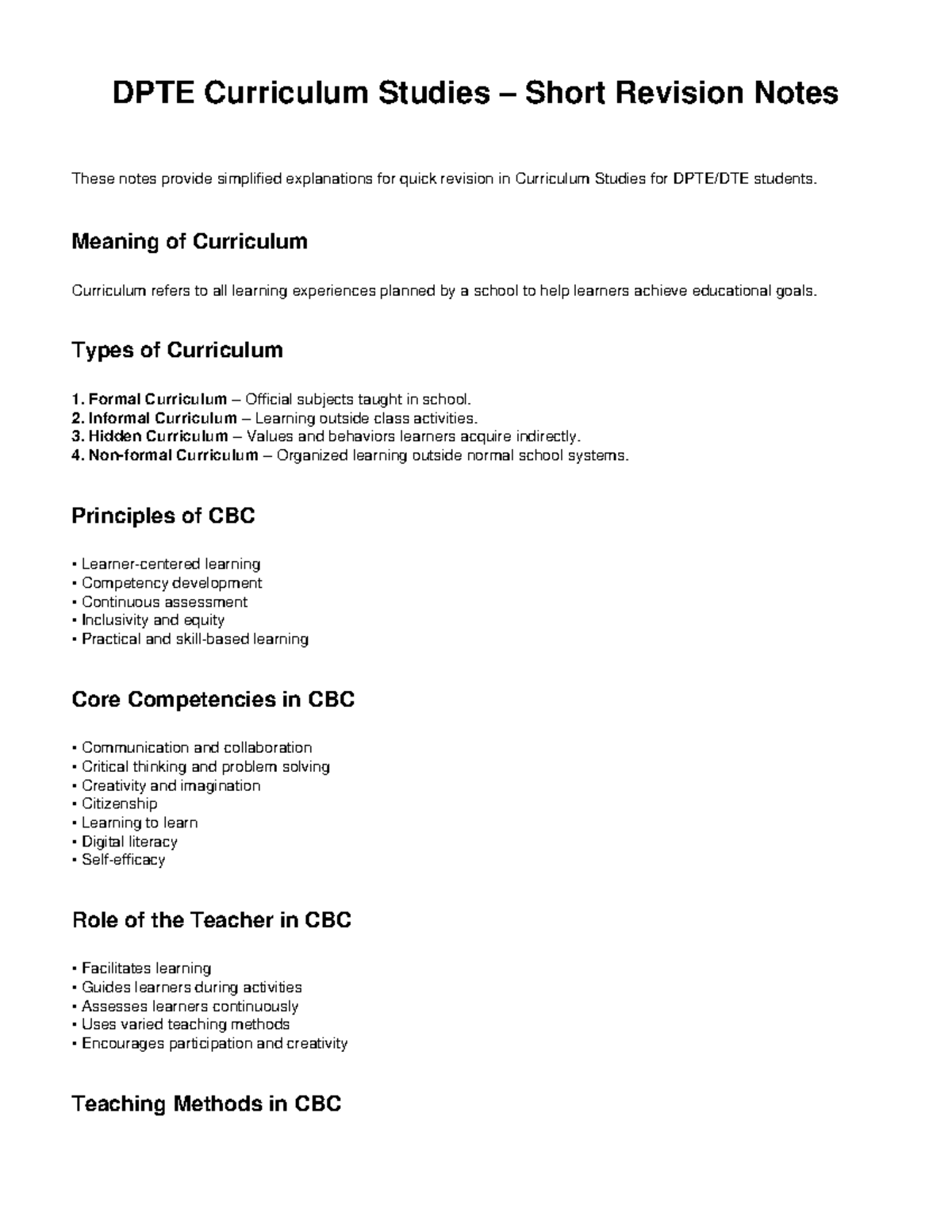 DPTE Curriculum Studies Revision Notes for Quick Review - Studocu