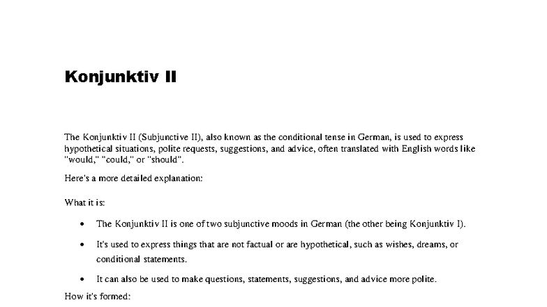 Konjunktiv II: Understanding the Subjunctive II in German - Studocu