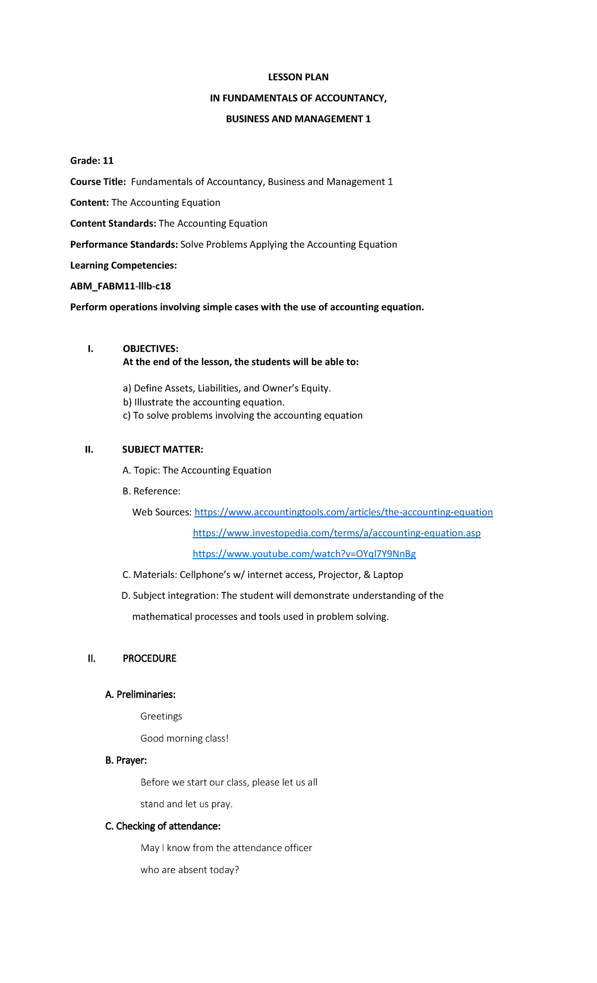 ABM- Lesson Plan on The Accounting Equation for Grade 11 - Studocu