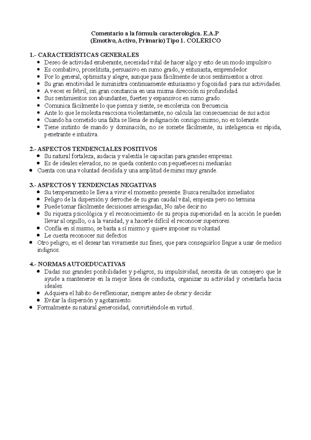 Descripción de la Personalidad Colérica - E.A.P. (Emotivo, Activo ...
