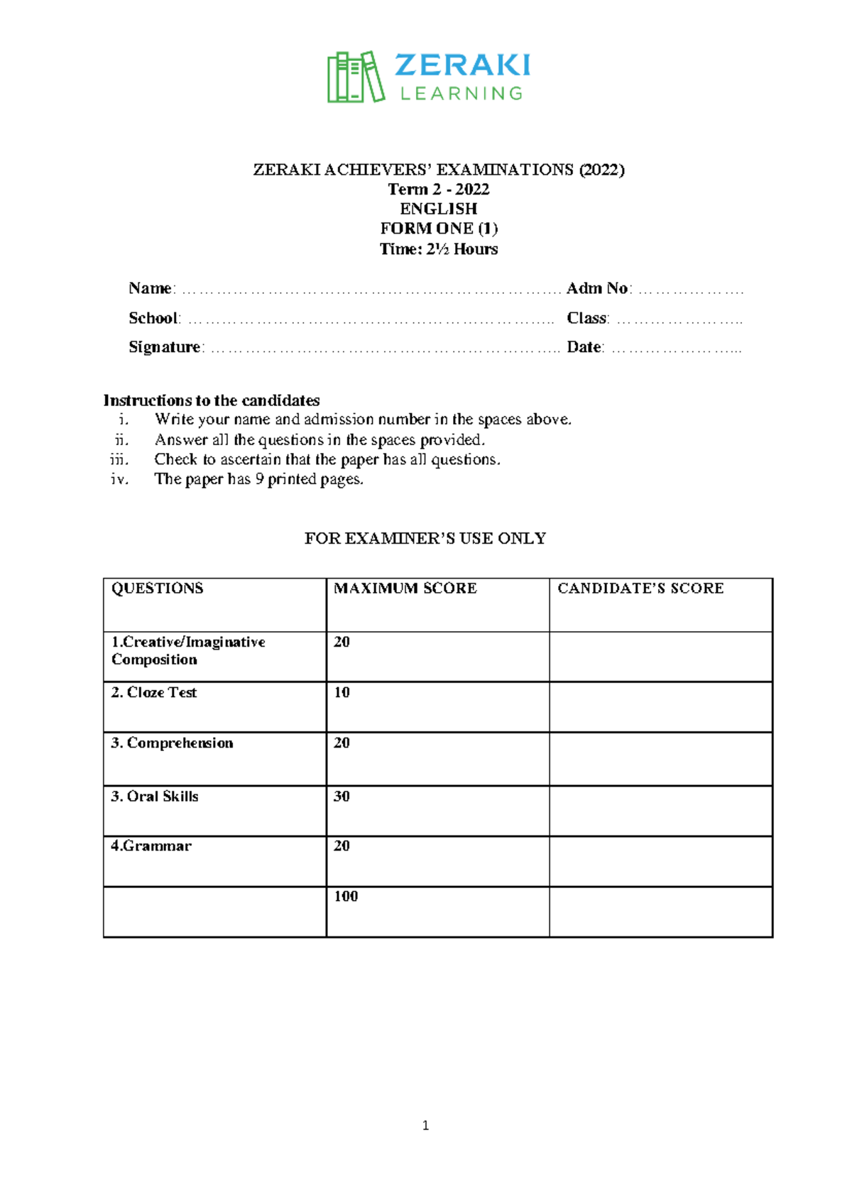 English Form 1 - Final Exam Question Paper (2022) - Studocu