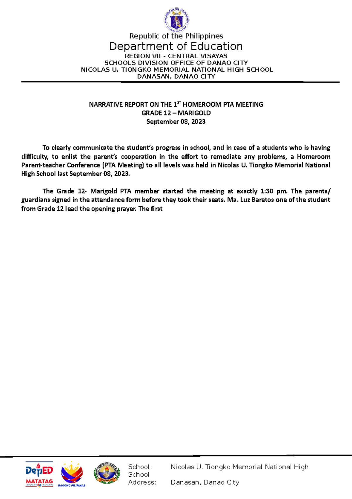 Narrative Report on Grade 12 Marigold PTA Meeting - Sept 2023 - Studocu