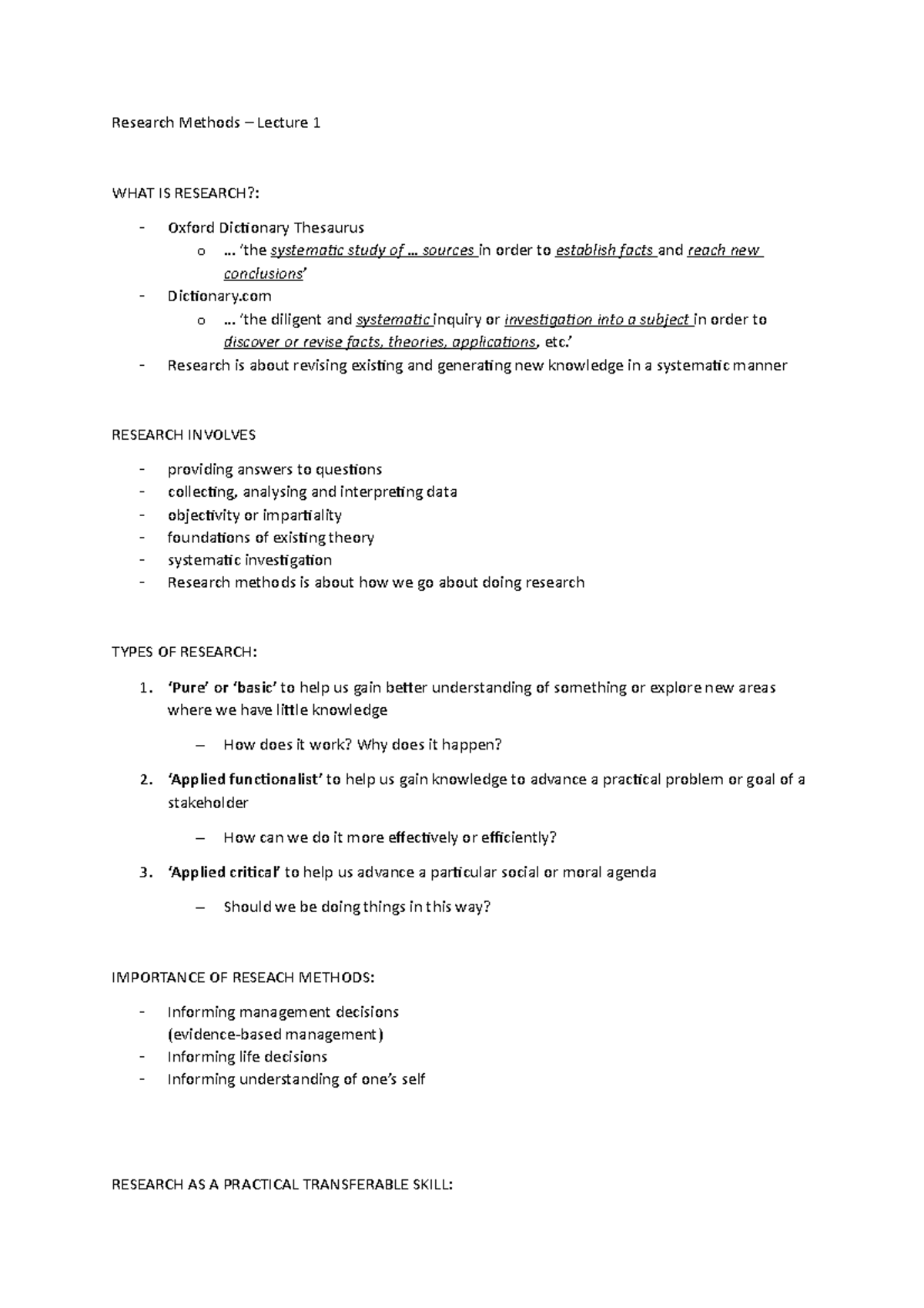1. Introduction - Lecture notes 1 - Research Methods – Lecture 1 WHAT ...