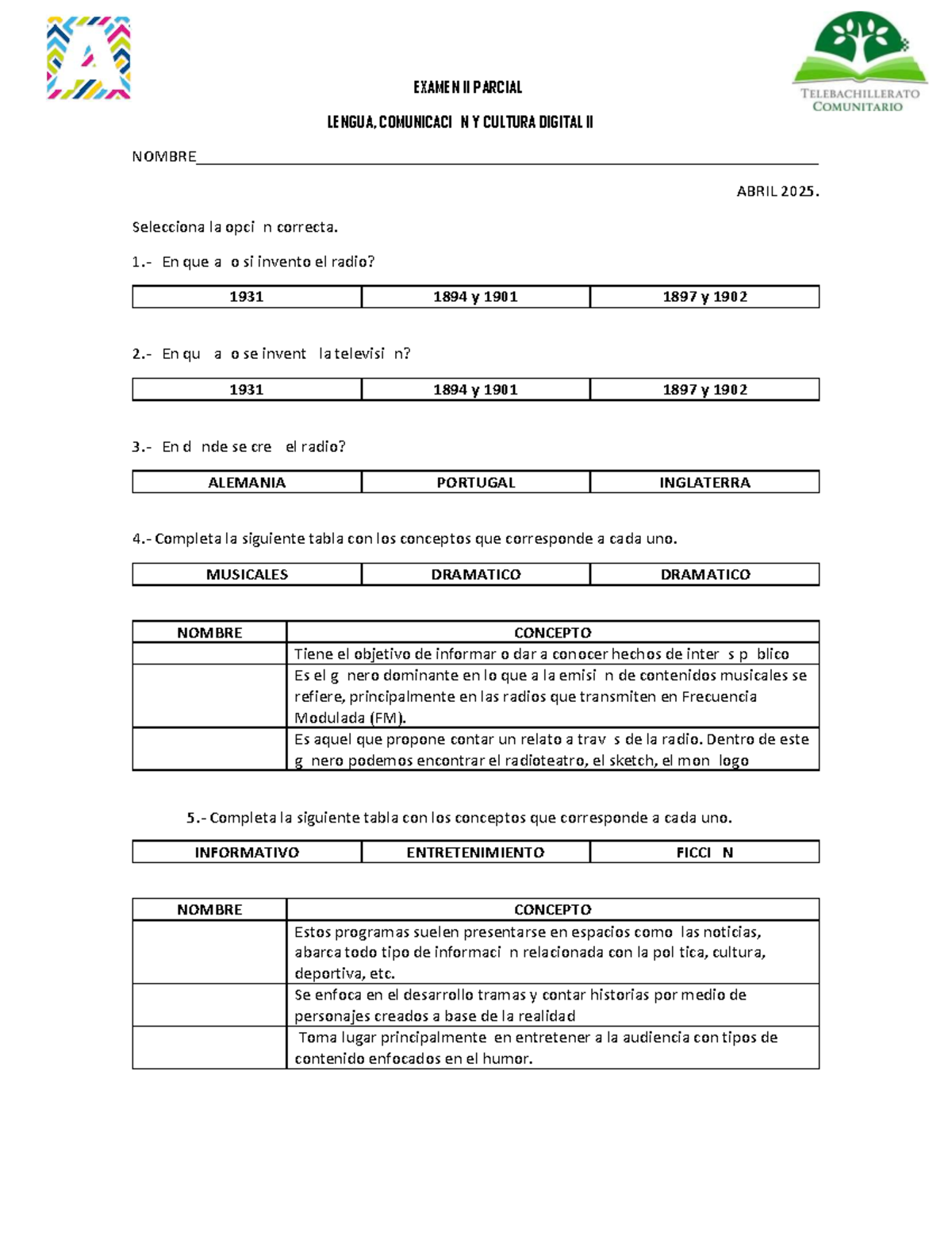 Examen II parcial lengua, comunicación y cultura digital II abril 2025 - Studocu