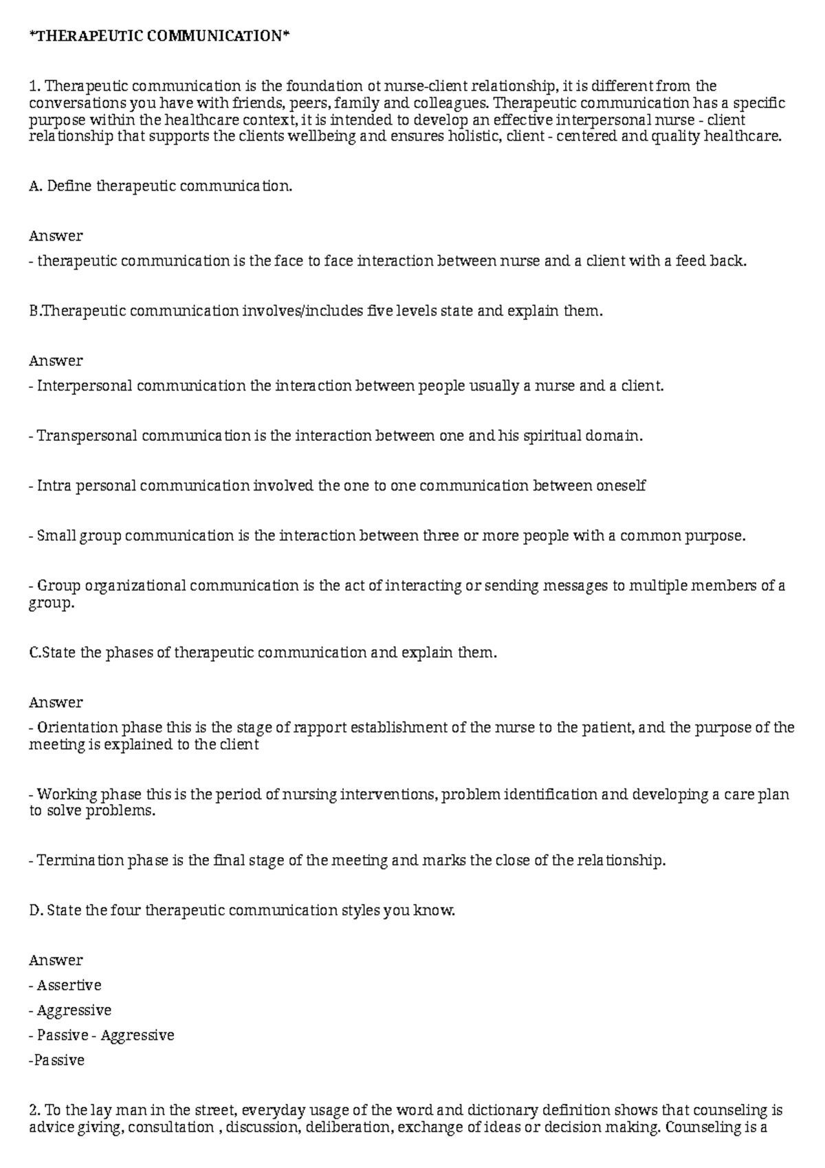 Therapeutic Communication: Key Concepts and Counseling Principles - Studocu