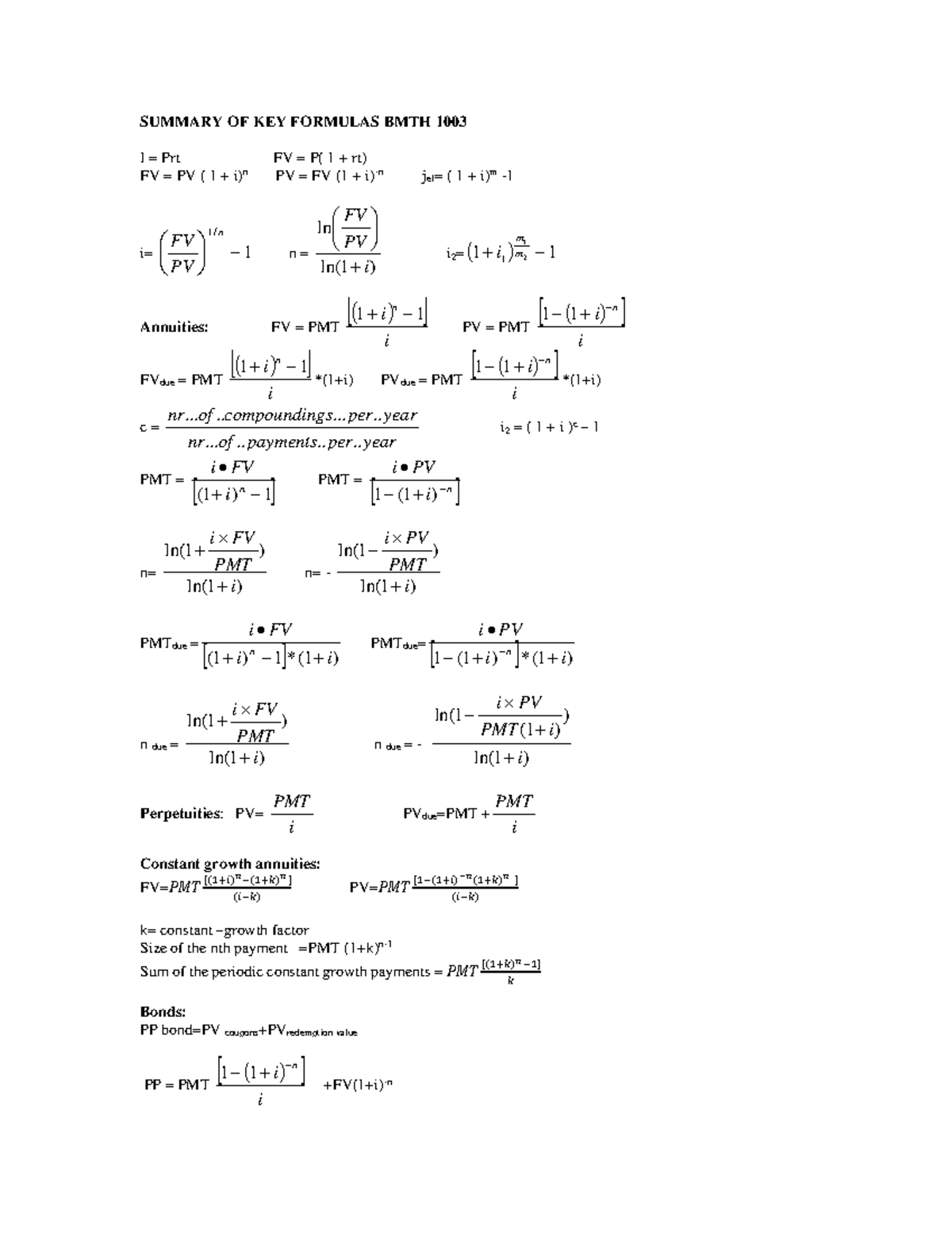 Summary of Key Financial Formulas for BMTH 1003 Final Exam - Studocu