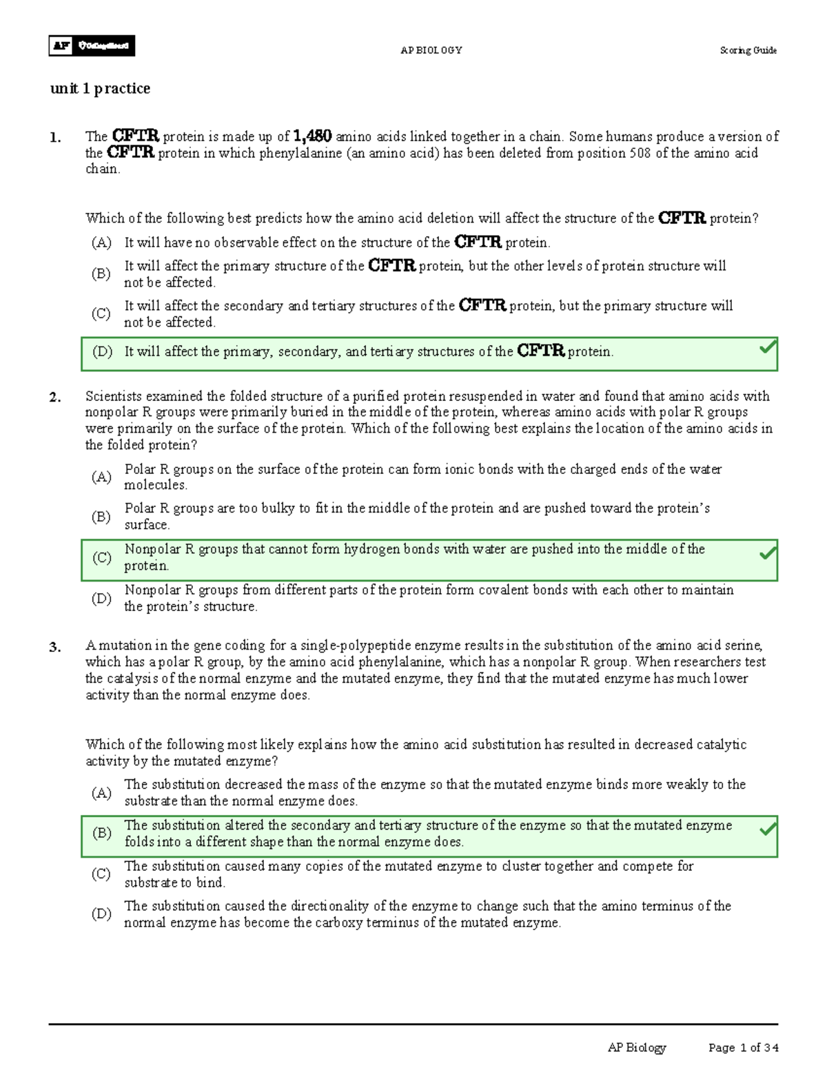 AP BIOLOGY Unit 1 Practice Scoring Guide and Answer Key - Studocu