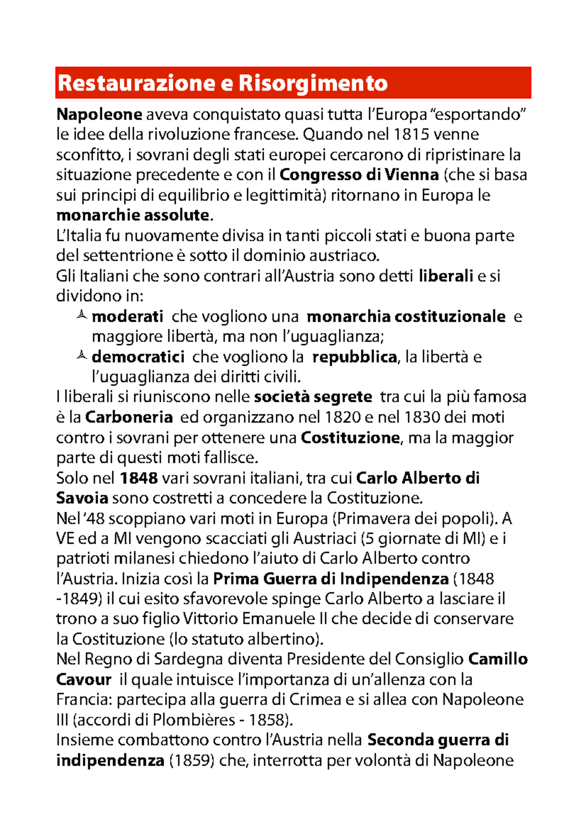 Risorgimento semplice - Restaurazione e Risorgi mento Napoleone aveva conquistato quasi tutta ...