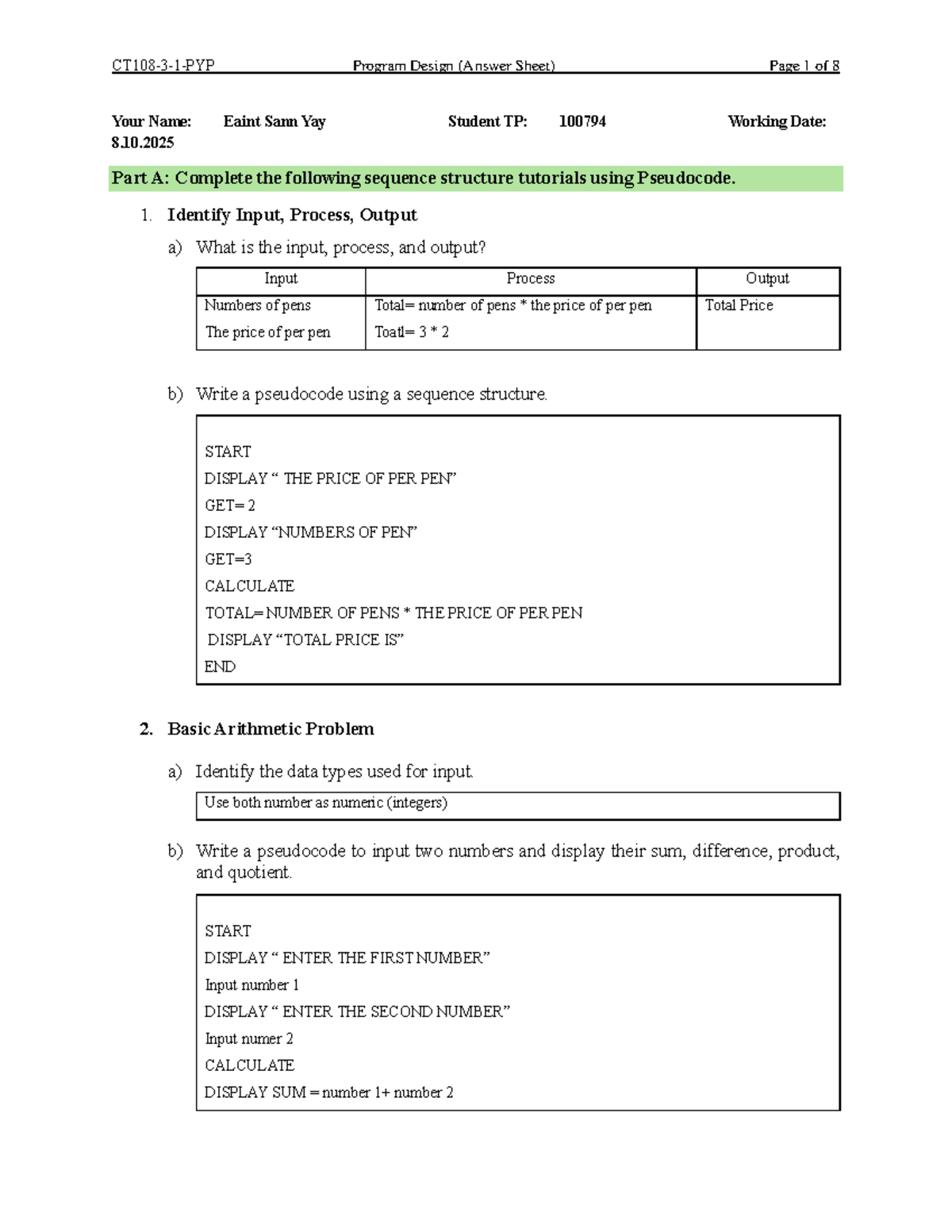 Answer Sheet for Lab 1 (100794) - Program Design & Pseudocode - Studocu