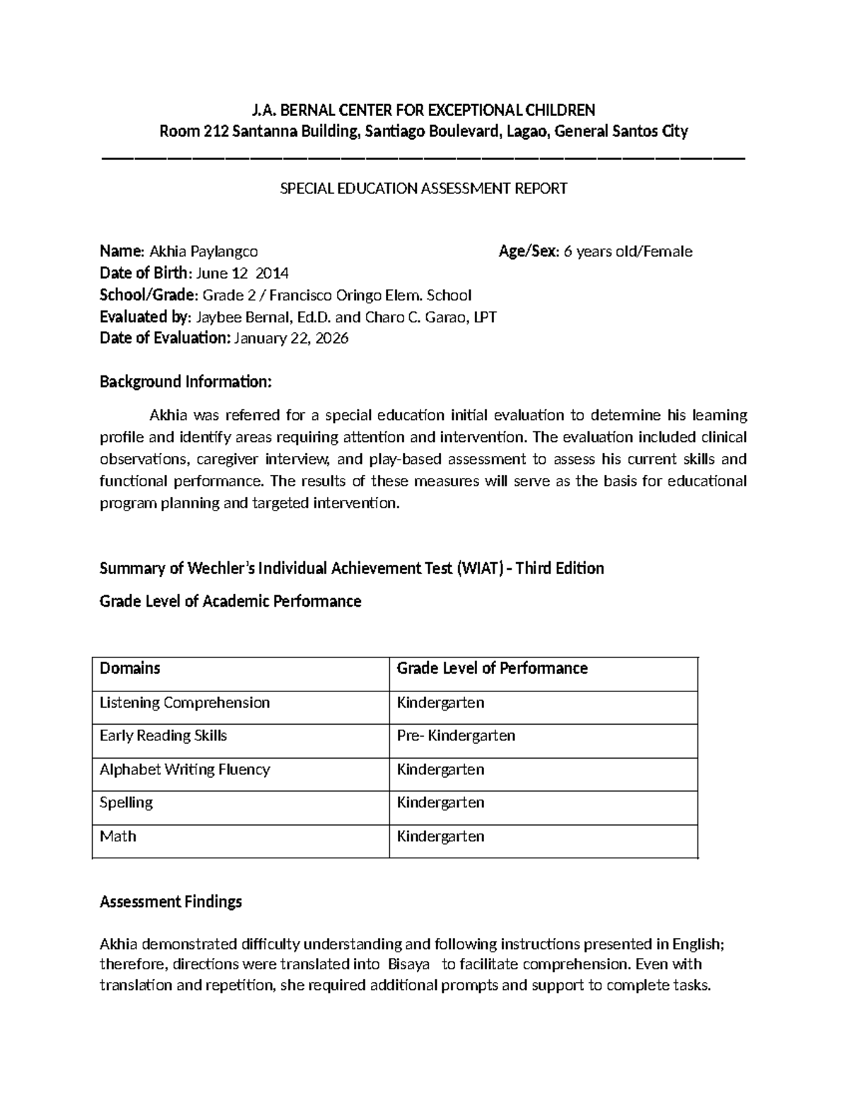 Special Education Assessment Report for Akhia Paylangco (Grade 2) - Studocu
