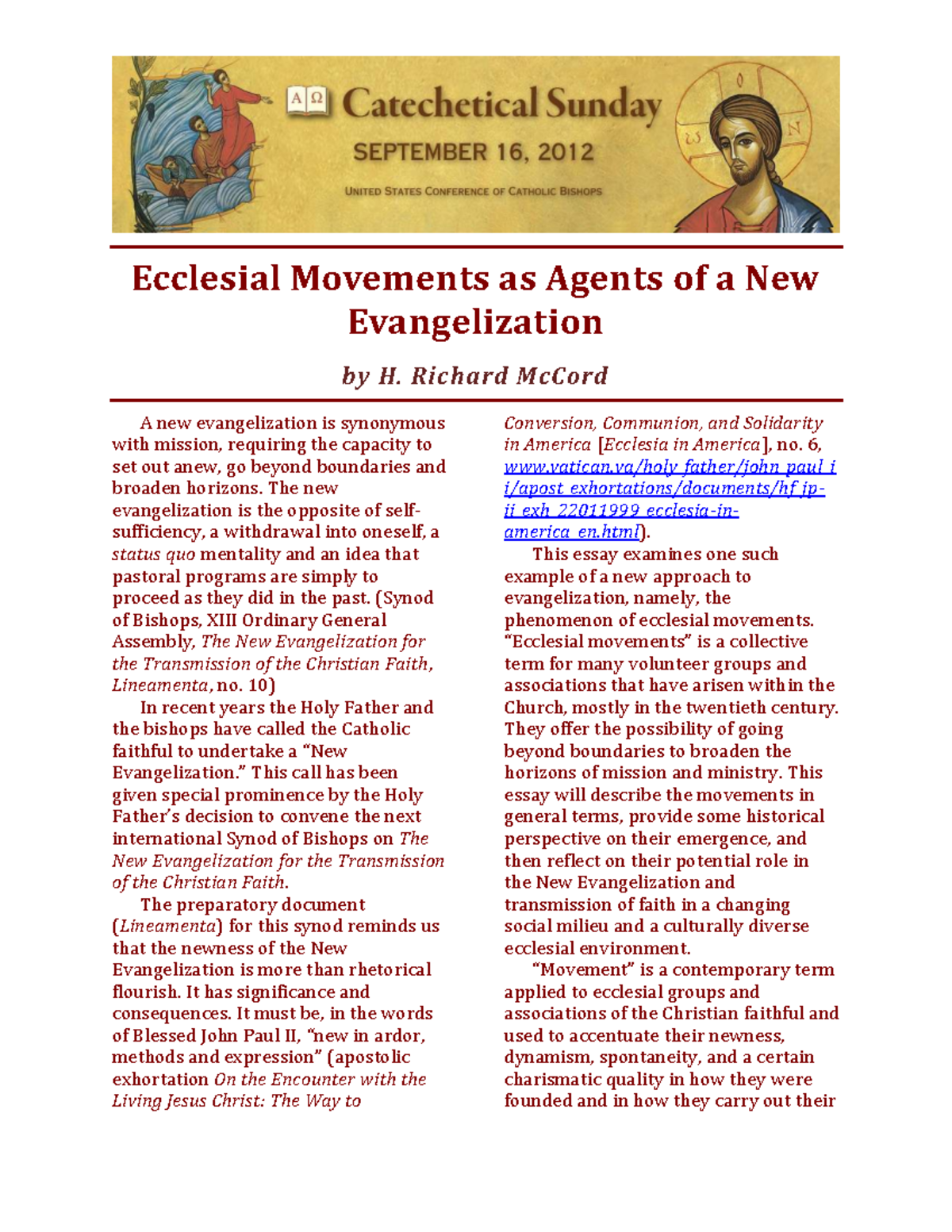 Ecclesial Movements and Their Role in New Evangelization: Insights by H ...