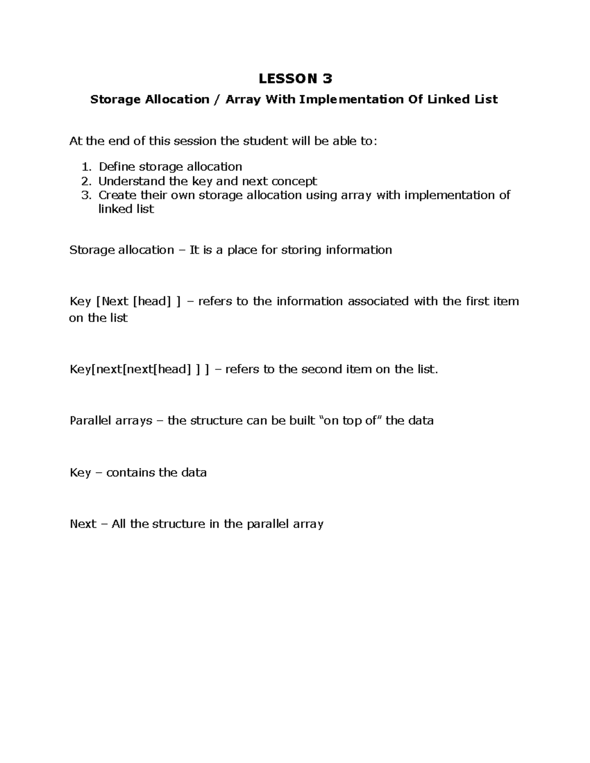 Lesson 3 - Data Structures - LESSON 3 Storage Allocation / Array With ...
