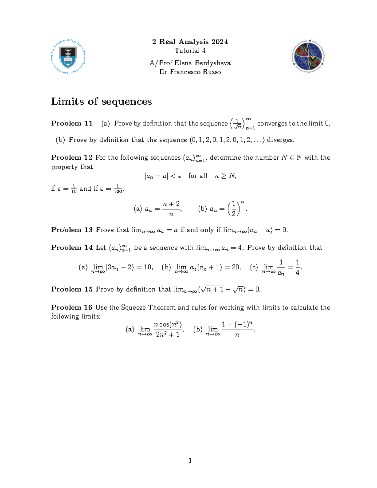 Real analysis tut4 - tutorial 4 - 2 Real Analysis 2024 Tutorial 4 A ...