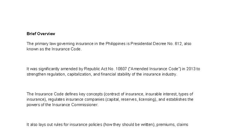 Insurance Code Notes Reviewer (PH) - Key Provisions & Amendments - Studocu
