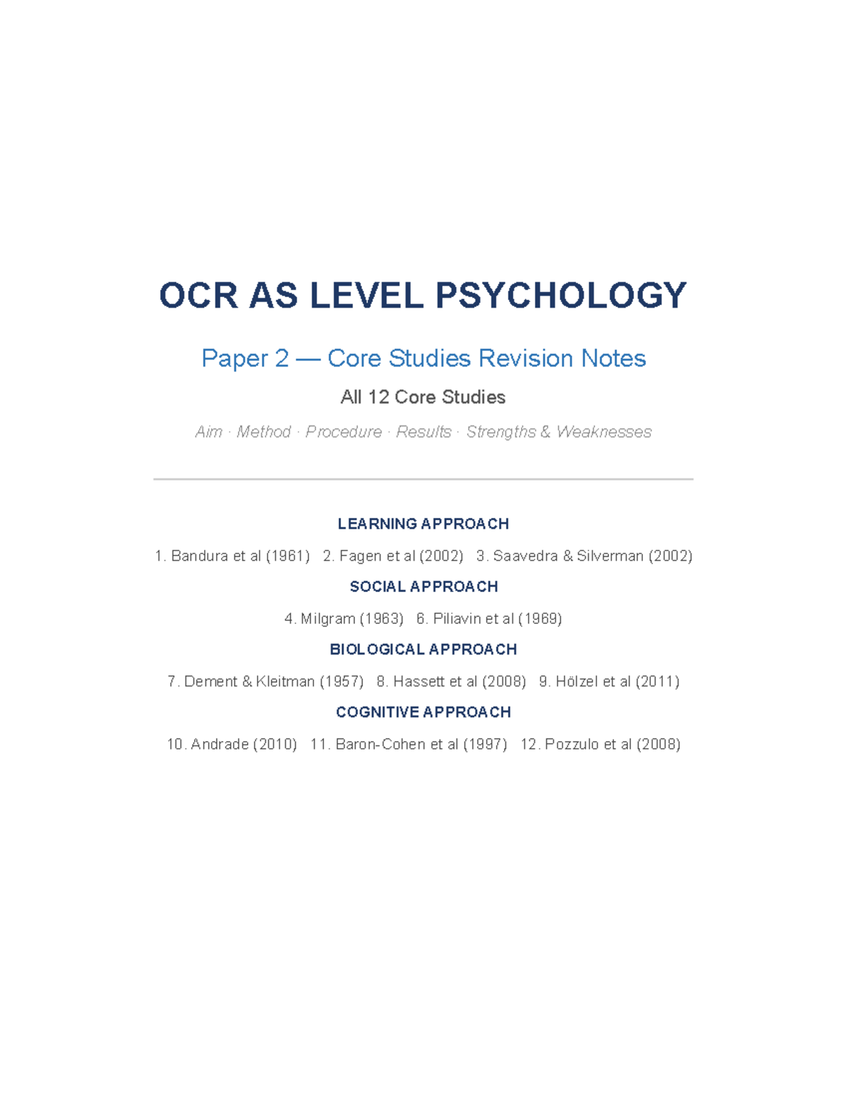 OCR AS LEVEL PSYCHOLOGY Paper 2 Core Studies Revision Notes - Studocu
