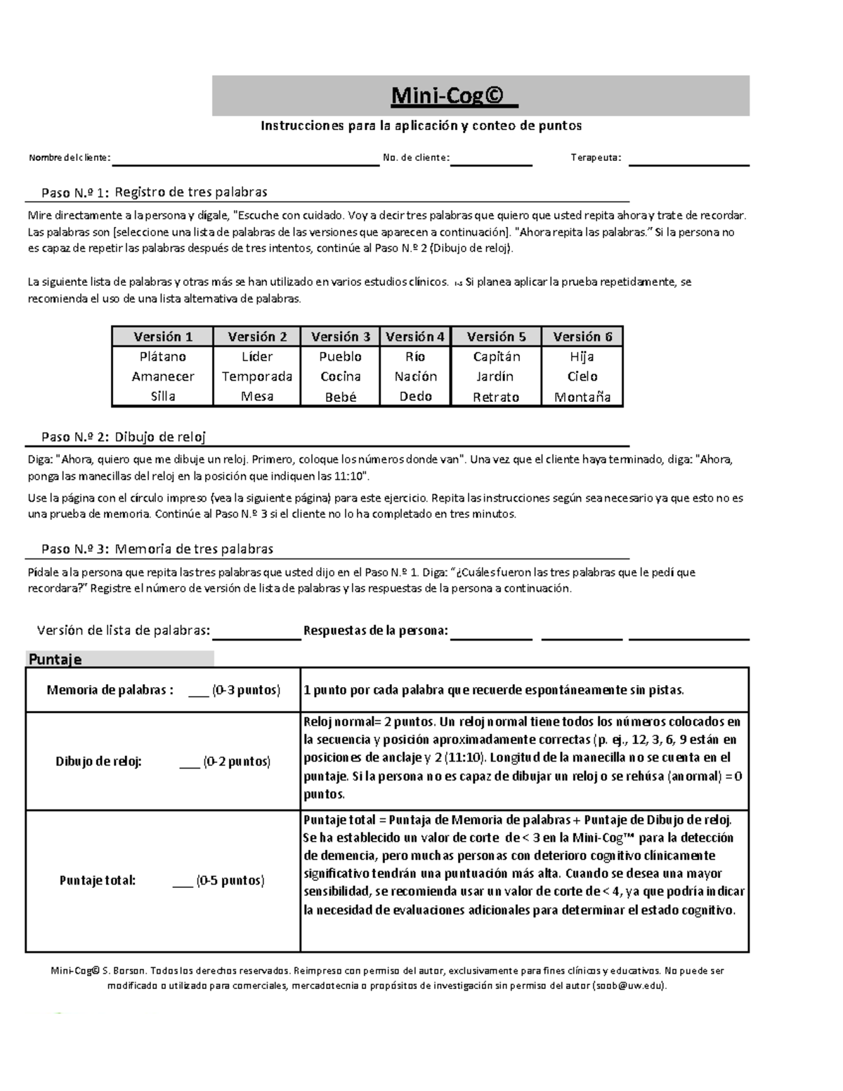 Mini-Cog - Instrucciones y Puntuación para Evaluación Geriátrica - Studocu