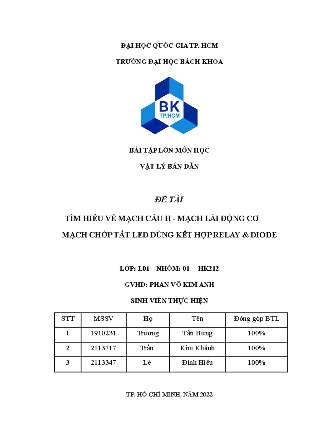 Bài Tập Lớn Môn Vật Lý Bán Dẫn - Mạch Cầu H & Relay (BTL VLBD L01) - Studocu