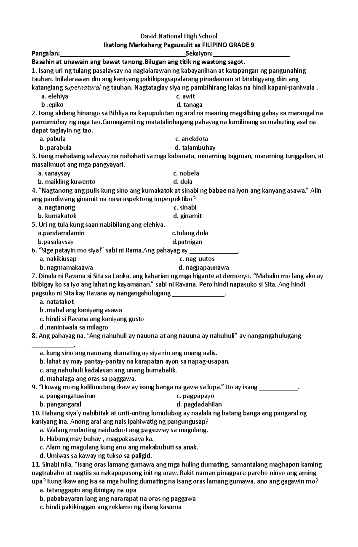 3rd n 4th PT G9 - 3rd & 4th PT G9 - David National High School Ikatlong Markahang Pagsusulit sa ...