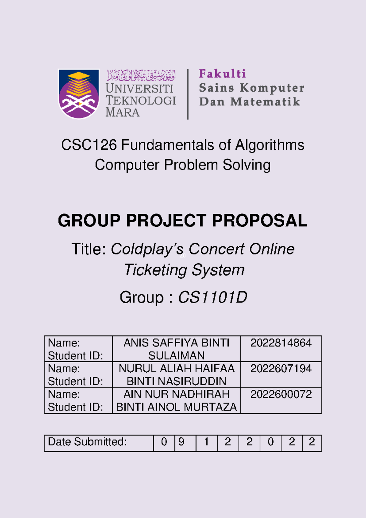 CSC126 Proposal - 20 CSC12 6 Fundamentals of Algorithms Computer Problem Solving GROUP PROJECT ...
