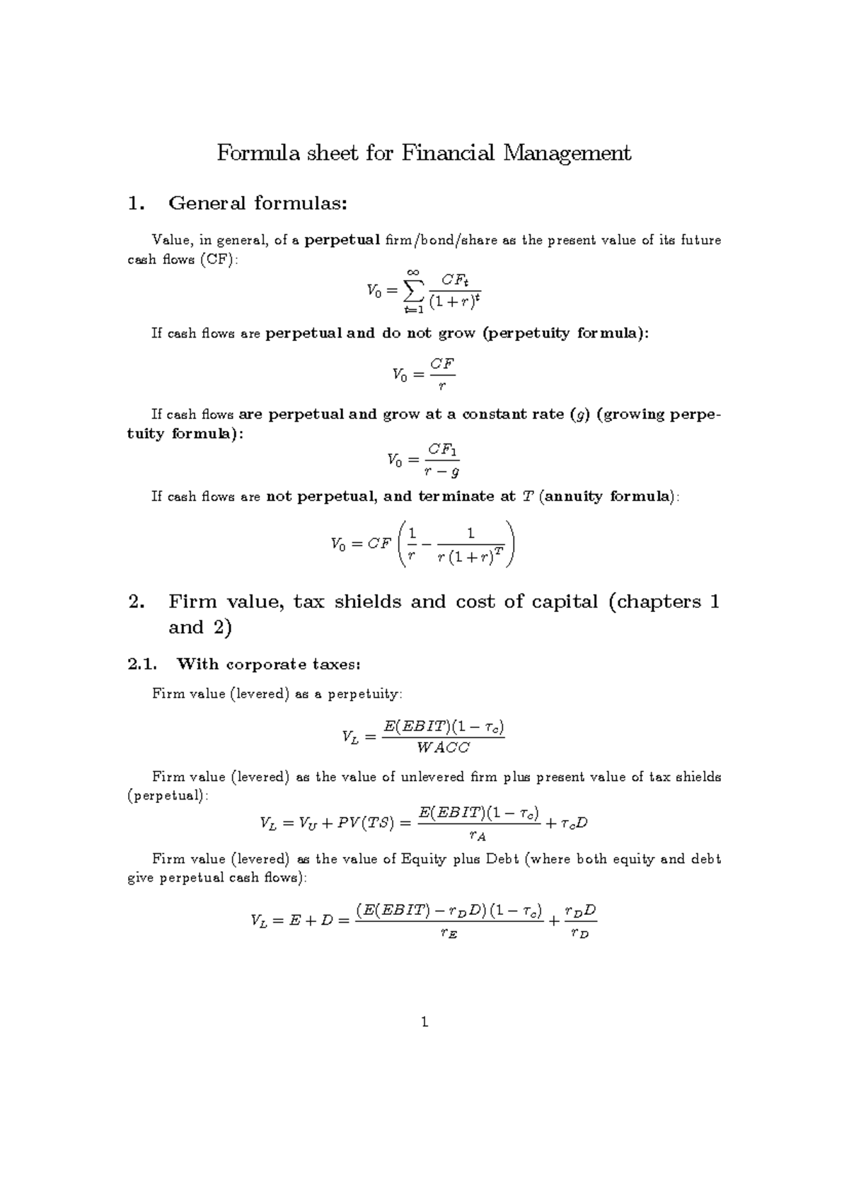FM 1 Formula Sheet: Key Financial Management Concepts and Equations ...