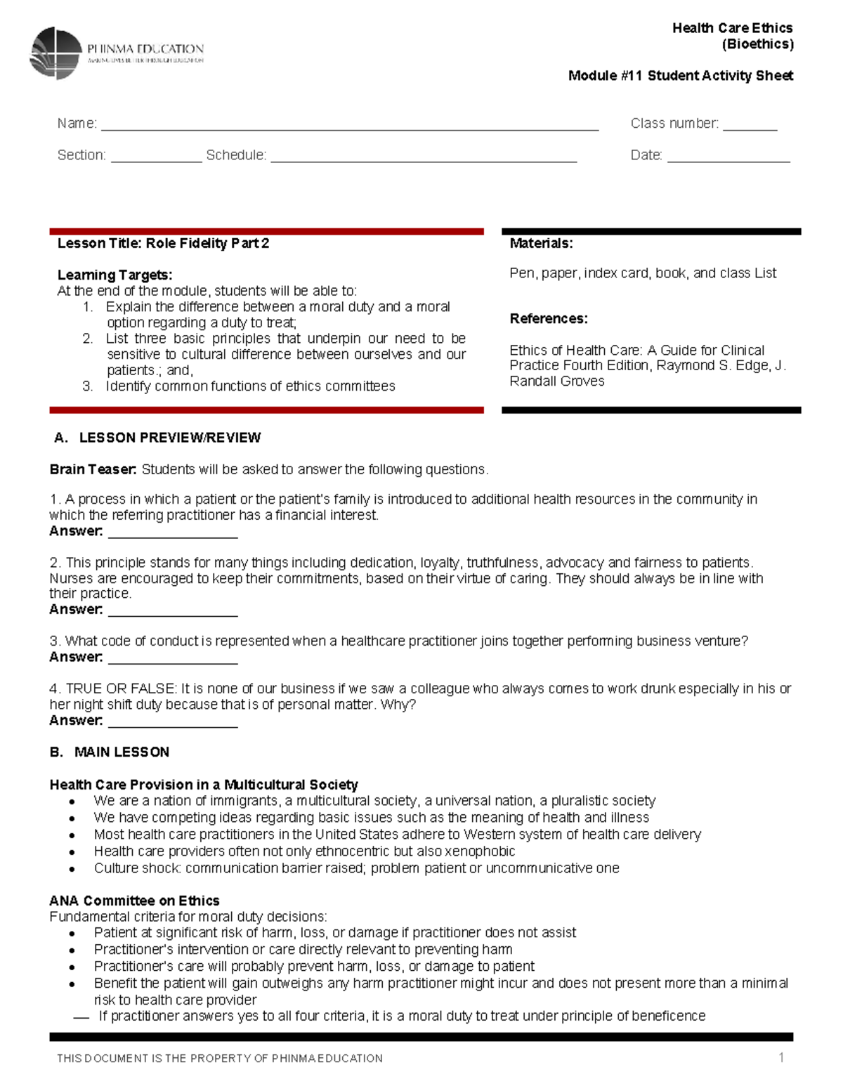 Bioethics Module 11: Role Fidelity Part 2 Student Activity Sheet - Studocu